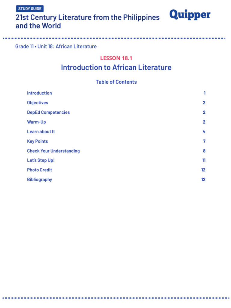 ME EngLT 11 Q2 1801 - SG - Introduction To African Literature | PDF ME EngLT 11 Q2 1801 - SG - Introduction To African Literature | PDF