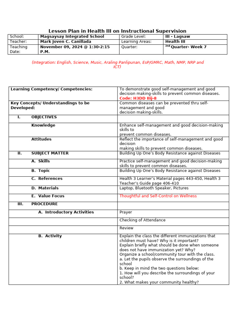 Lesson Plan in Health III On Instructional Supervision | PDF