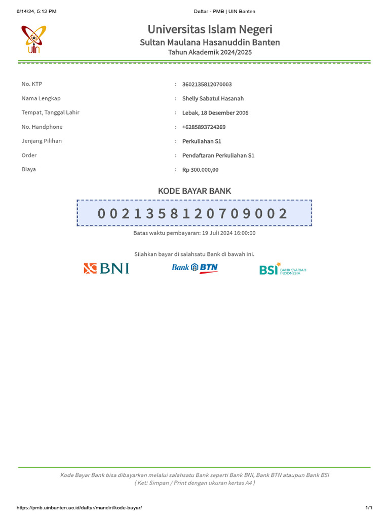 Daftar - PMB - UIN Banten | PDF