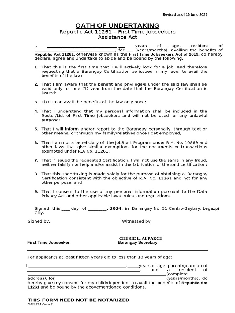 Oath of Undertaking - First Time Job Seekers | PDF