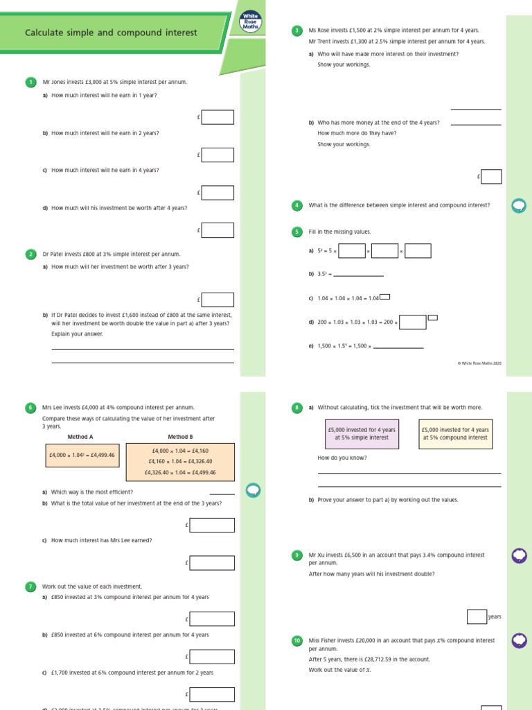 Y10 Spring Block 5 WO5 Calculate Simple and Compound Interest 2020 | PDF