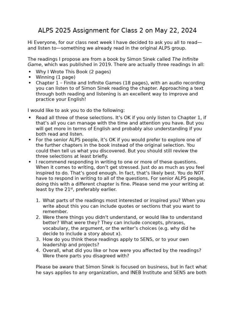 ALPS Assignment For Class 2 - Simon Sinek Infinite Game - Chapter 1 | PDF