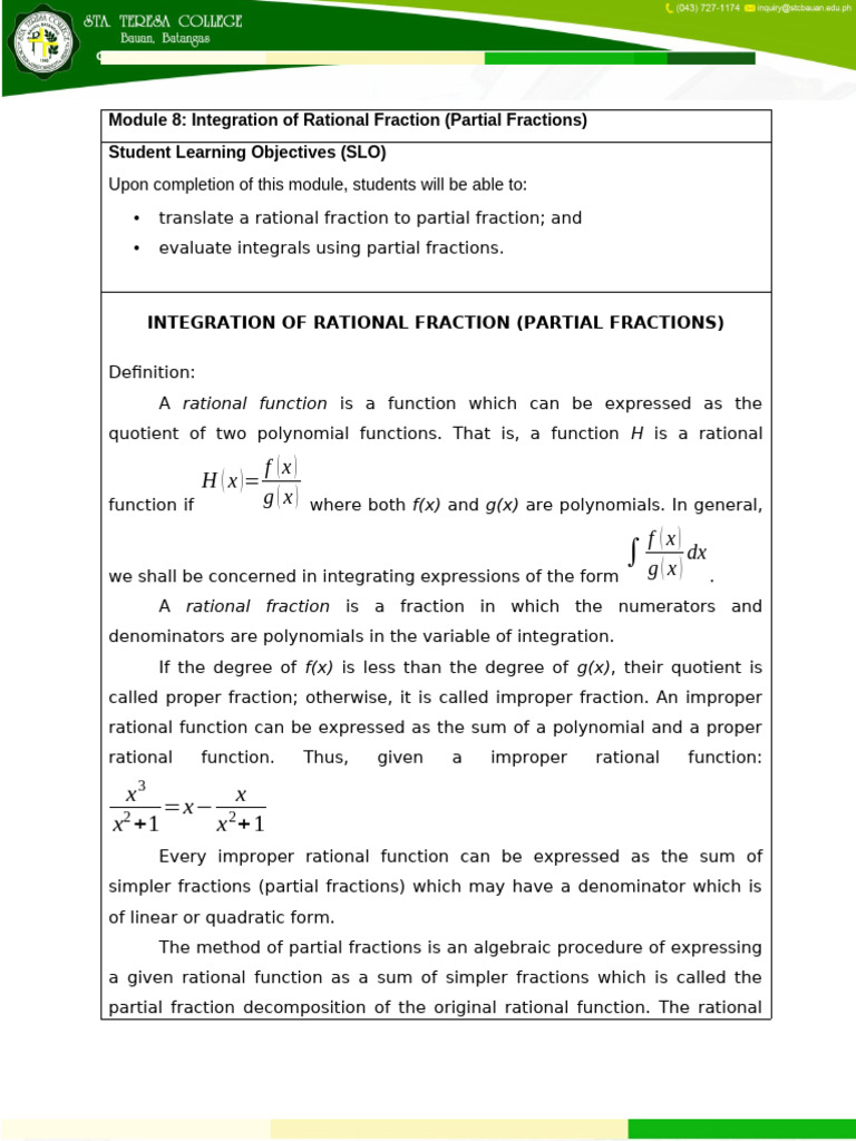 Mod8 Integration by Rational Fraction | PDF | Polynomial | Mathematical Concepts