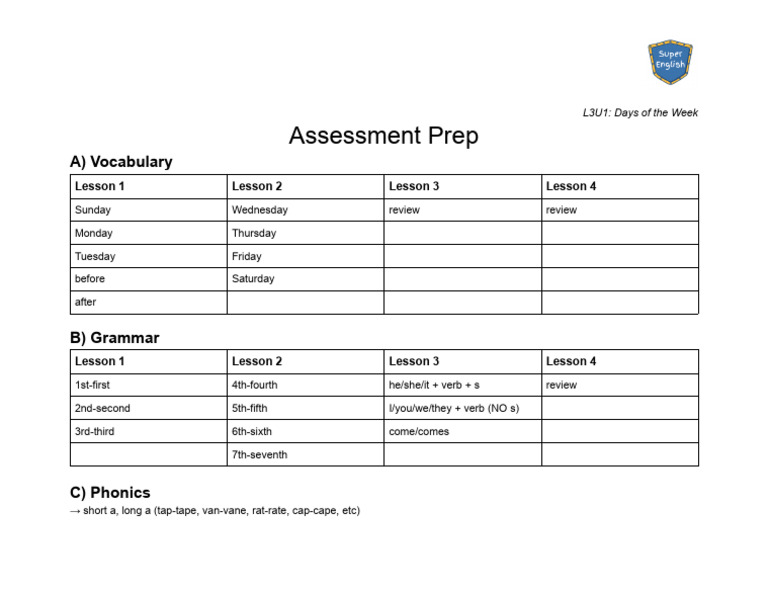 L3U1 Days of the Week Assessment Prep | PDF