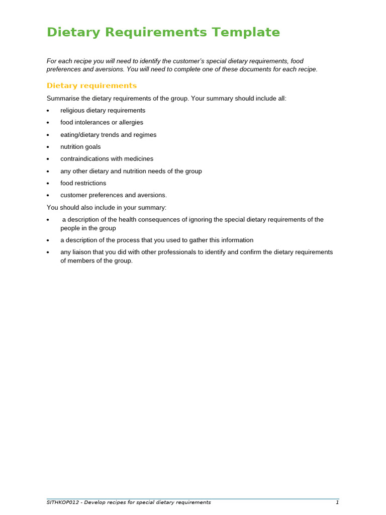 SITHKOP012 Dietary Requirements Template 1 Religious 1 | PDF | Cooking ...