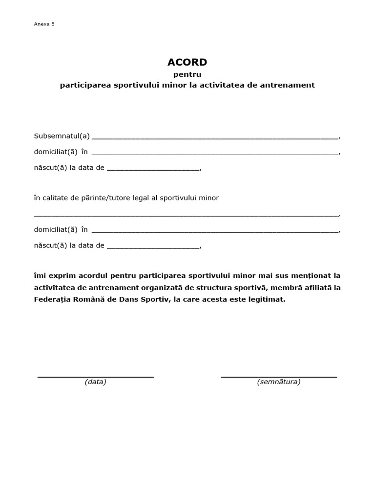 205 Anexa 5 Model Acord Pentru Participarea Sportivului Minor La ...