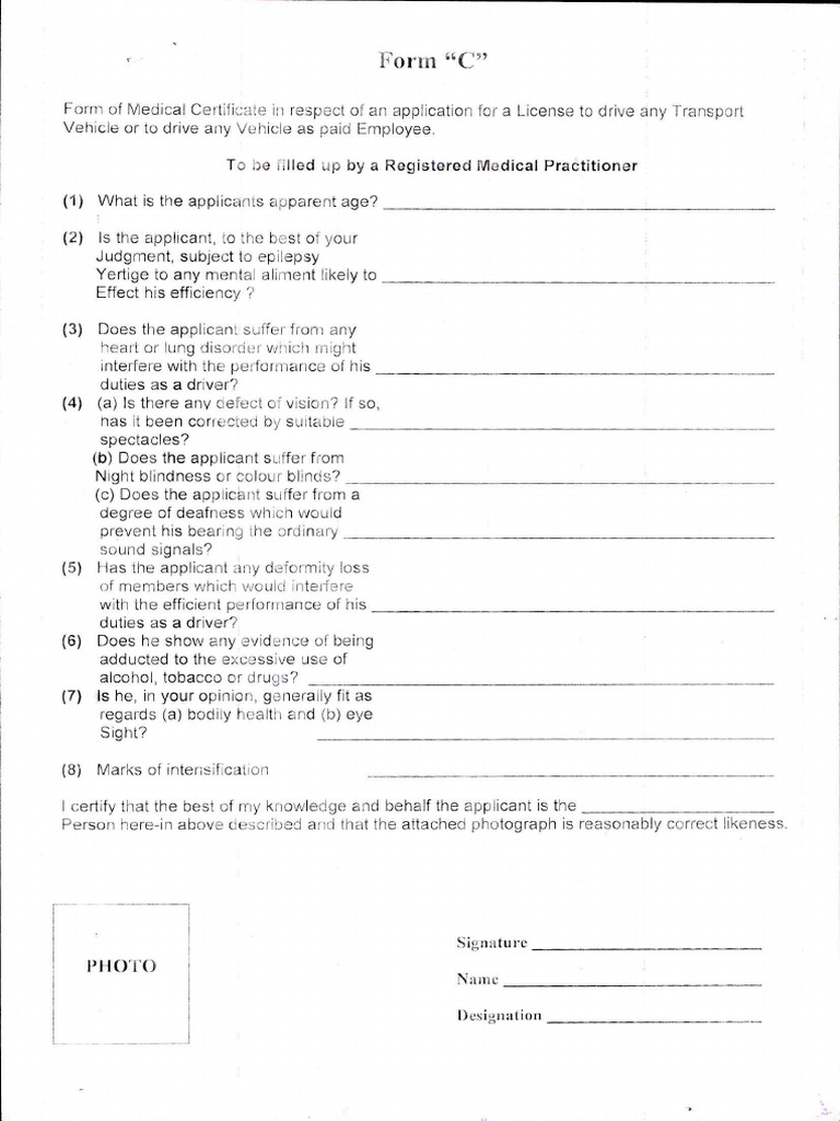 Form - C (Fitness for Driving License) | PDF