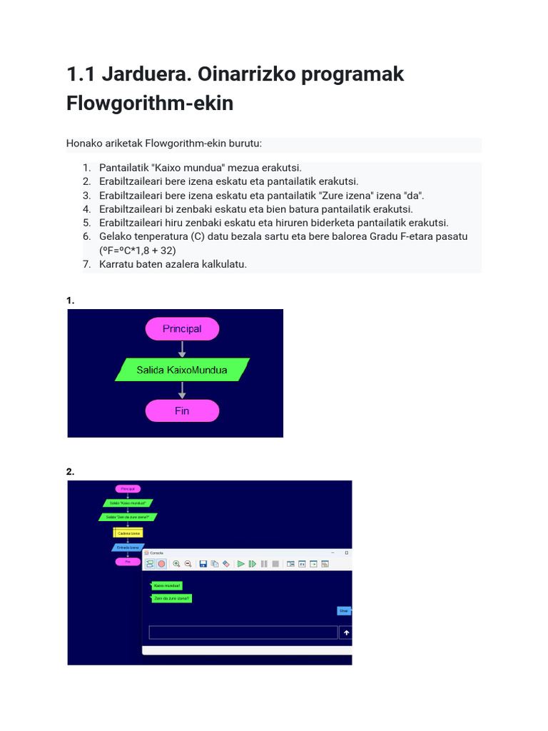1.1 Jarduera. Oinarrizko Programak Flowgorithm-Ekin | PDF