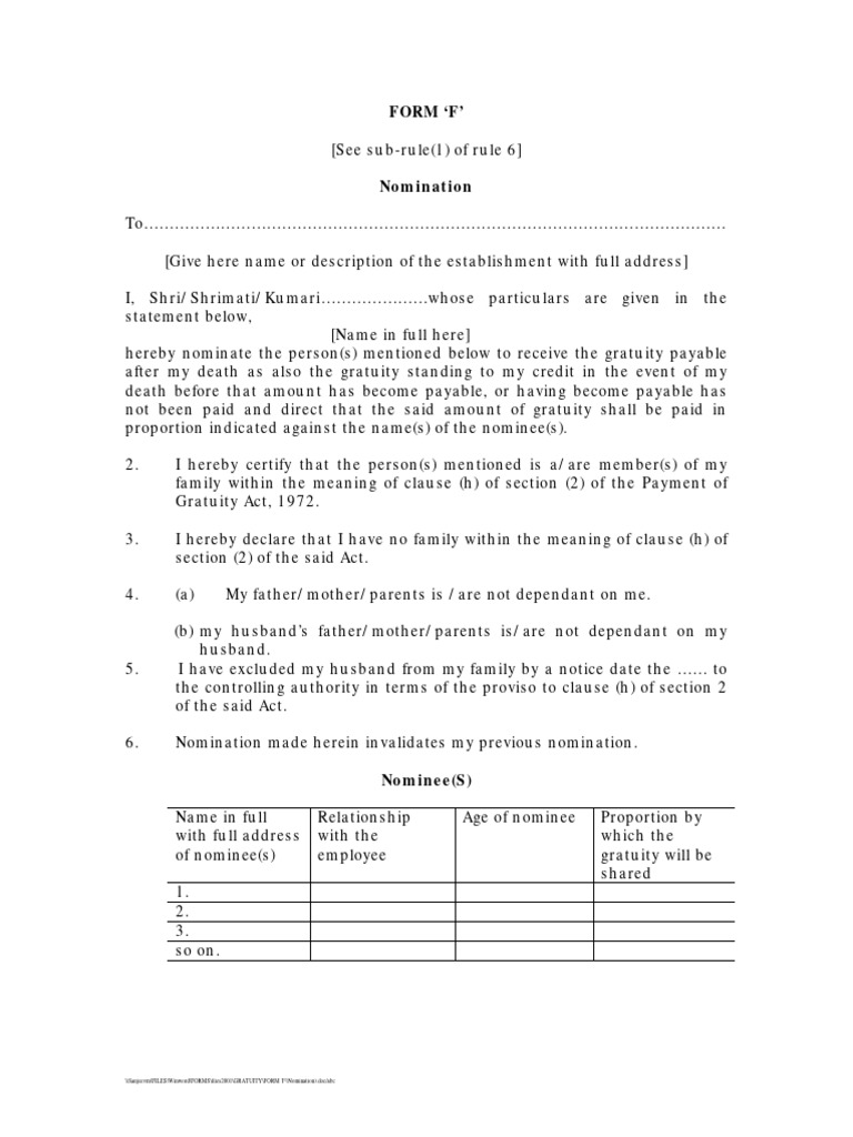 Gratuity Form F Nomination | PDF