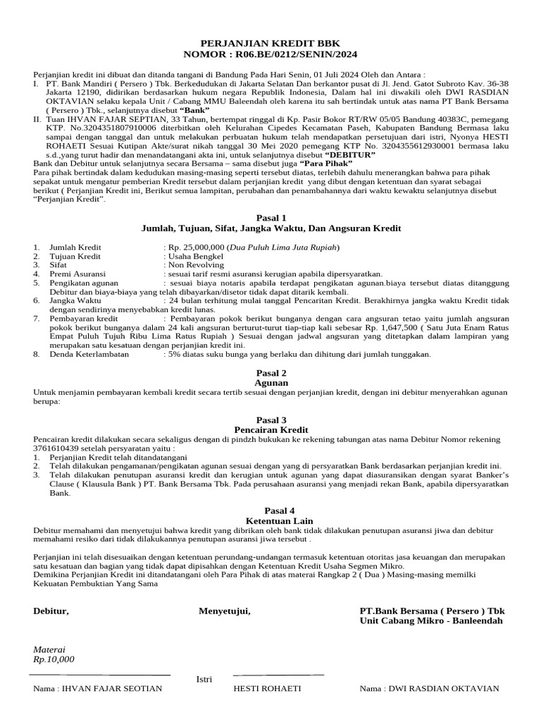 Perjanjian Kredit BBK Mamah | PDF