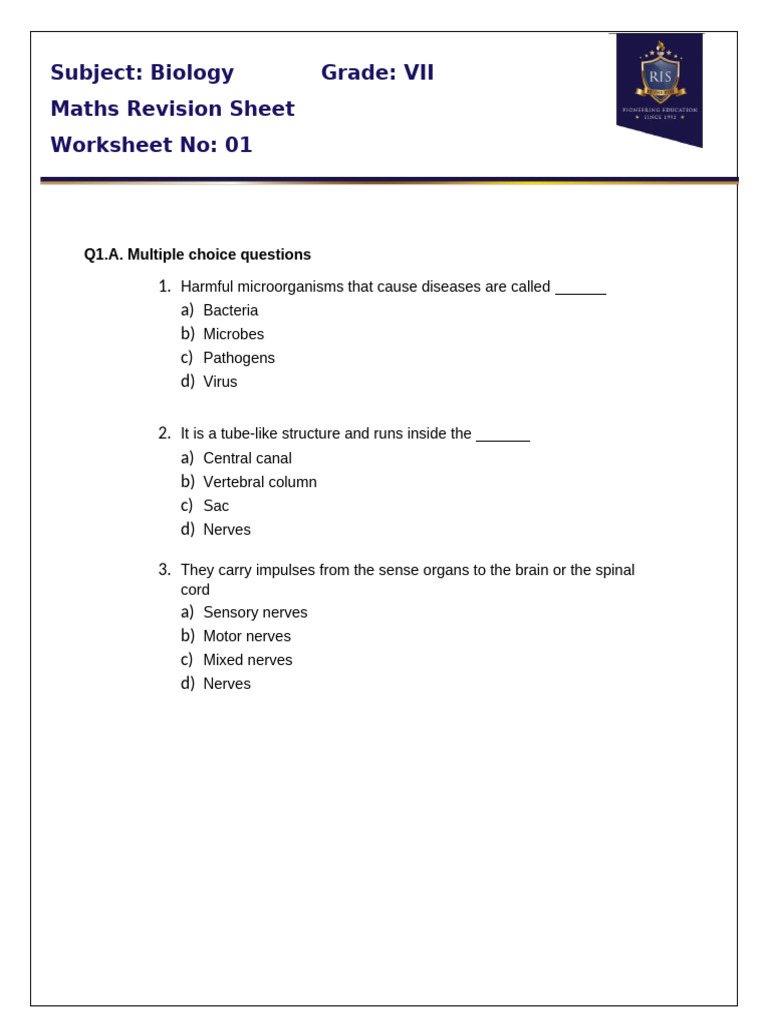 Grade 7 Biology - Term II Revision Paper | PDF