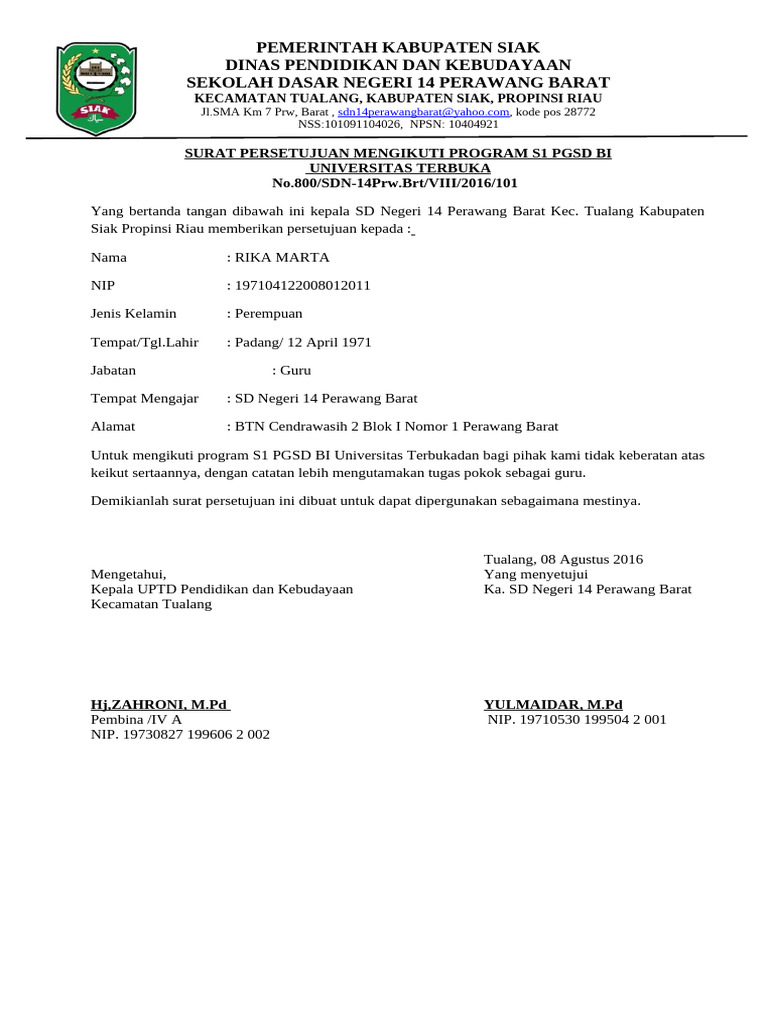 Surat Persetujuan Mengikuti Program S1 PGSD Bi SD 14 | PDF