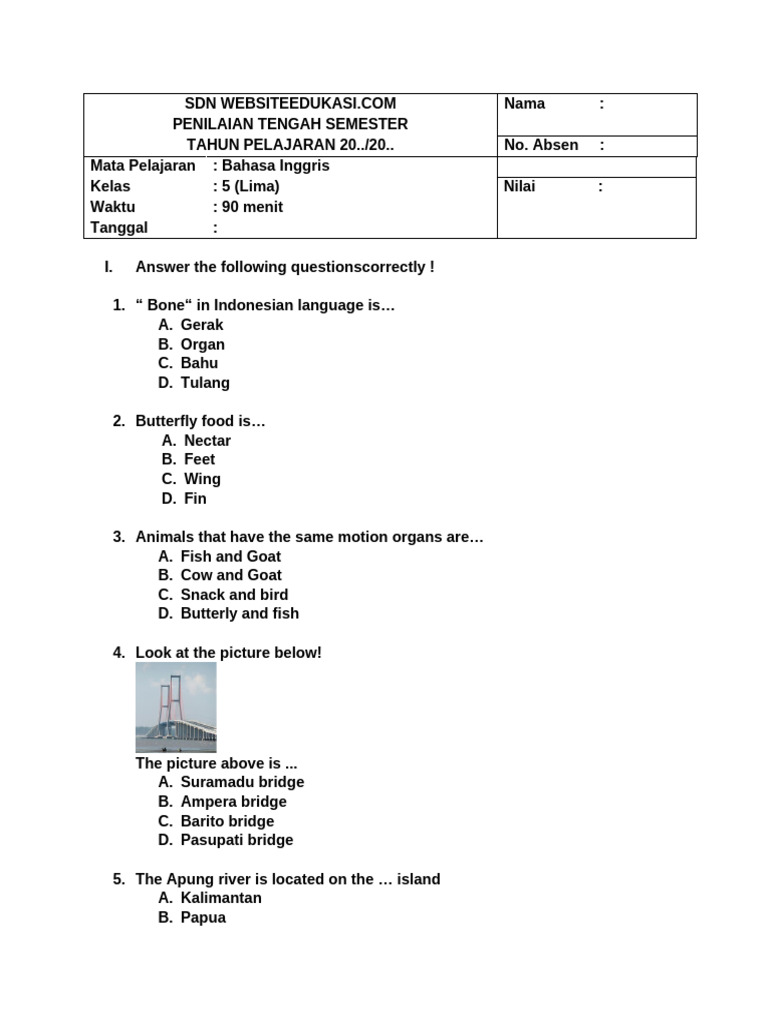 Soal PTS B.ing Kelas 5 Ganjil | PDF