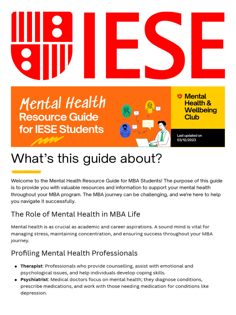 Mental Health Resource Guide For IESE MBA Students | PDF