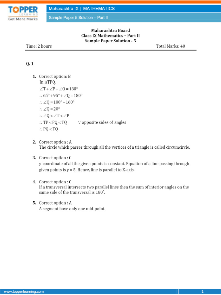 Sample Papers for MSB Maharashtra Class 9 Part II #5 Solutions - TopperLearning | PDF