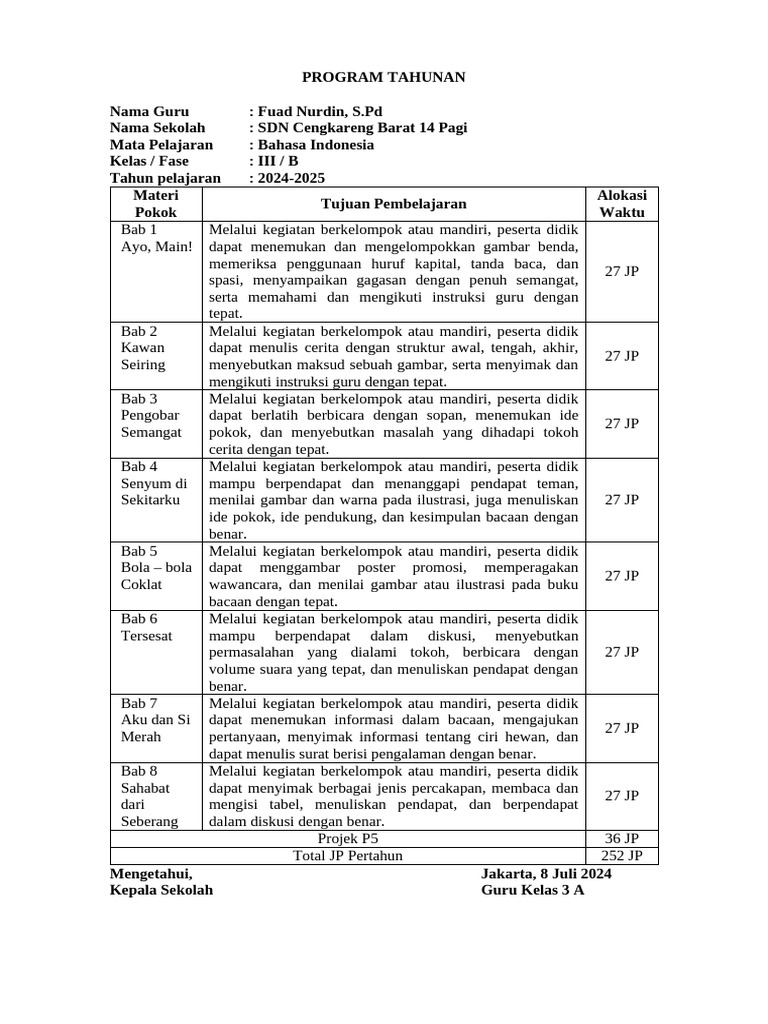 Program Tahunan - Program Semester Bahasa Indonesia | PDF