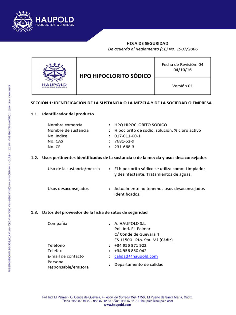 FDS HPQ Hipoclorito Sodico | PDF