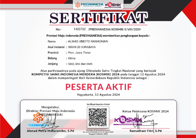 Cert - Kimia - KOSMIK 2024 | PDF