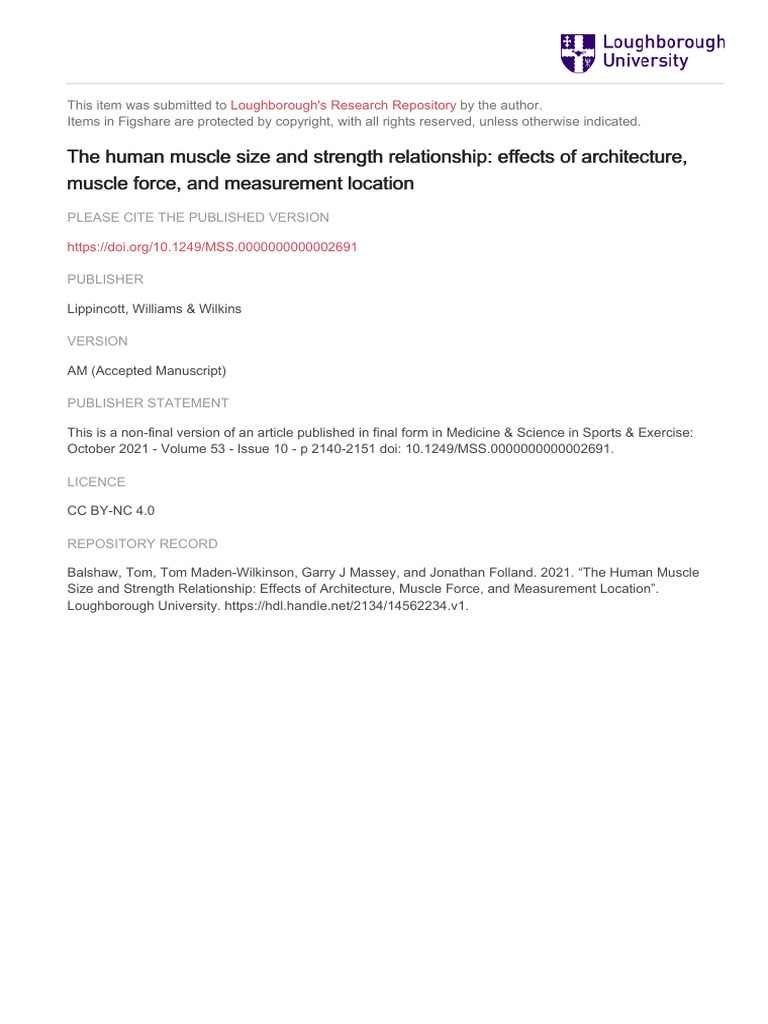 Balshaw Et Al 2021 MSSE HUMAN MUSCLE SIZE-STRENGTH RELATIONSHIP (For ...
