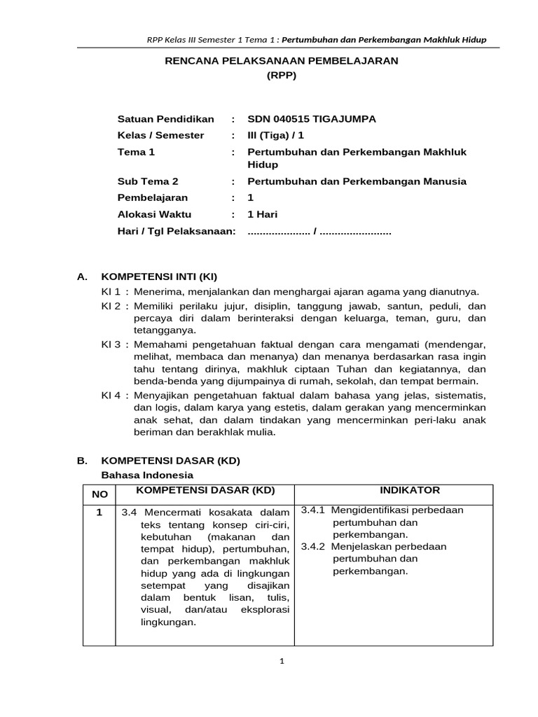 (Materiku86.blogspot - Com) RPP SD Kelas 3 Tema 1 Sub 2 | PDF