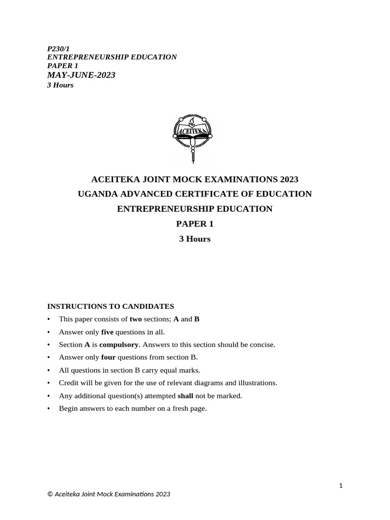 Aceiteka Joint Examination 2023 S.6 Entrepreneurship | PDF ...