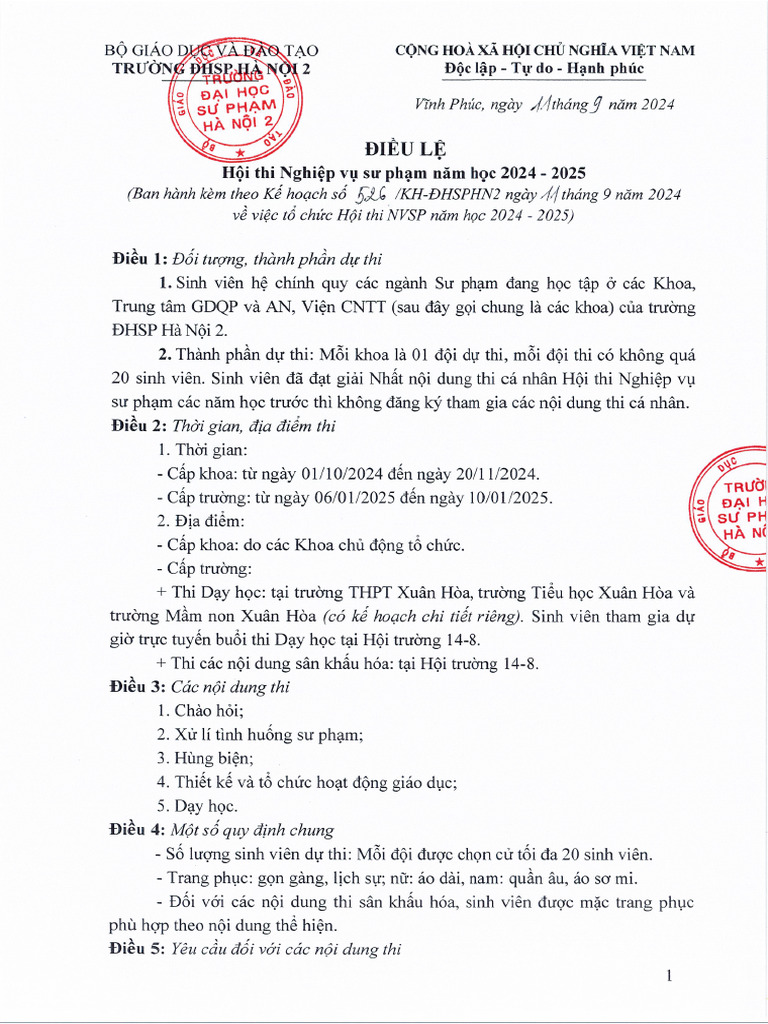 Điều Lệ Hội Thi NVSP Năm Học 2024-2025 | PDF