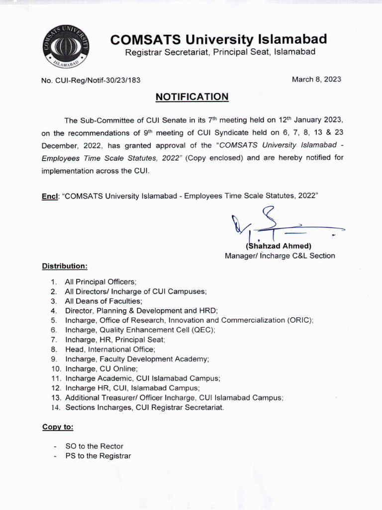 CUI Employees Time Scale Statutes 2022 | PDF