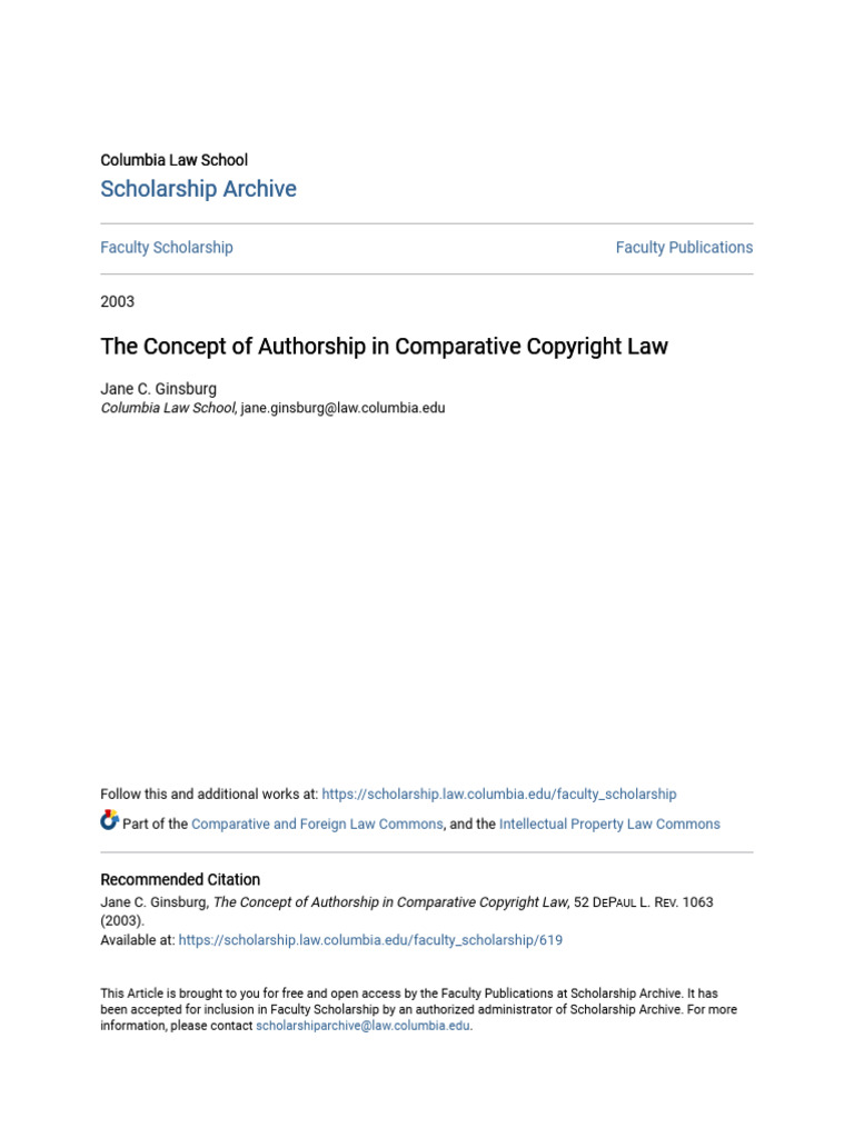 The Concept of Authorship in Comparative Copyright Law | PDF