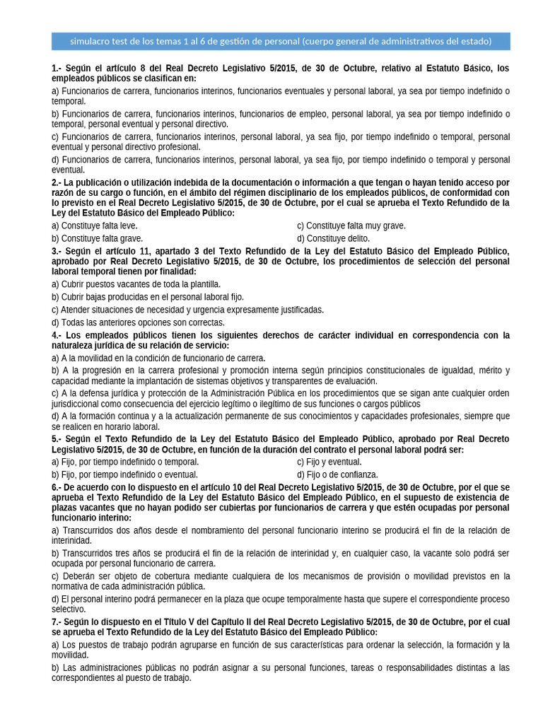 Simulacro Test de Los Temas 1 Al 6 de Gestión de Personal | PDF