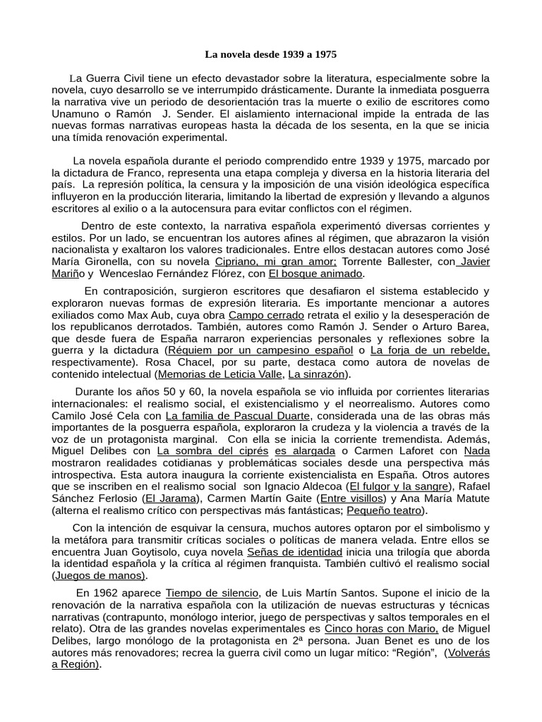 La Novela Espaã Ola de 1939 A 1975 (Definitivo) | PDF