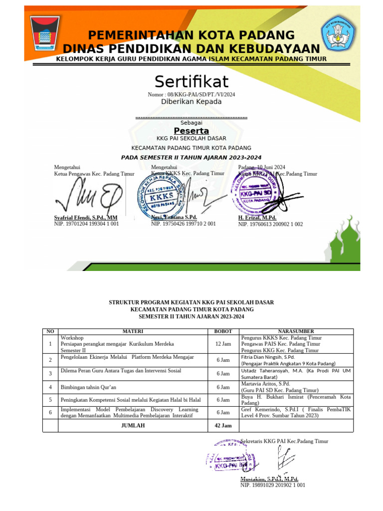Sertifikat Kegiatan KKG Periode Januari-Juni 2024 Revisi | PDF