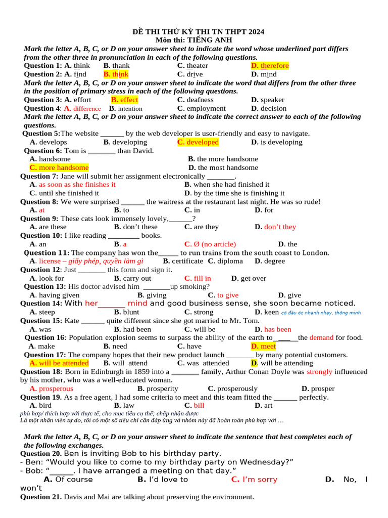 Gcse - Sample Test - 8 - Answer Key | PDF