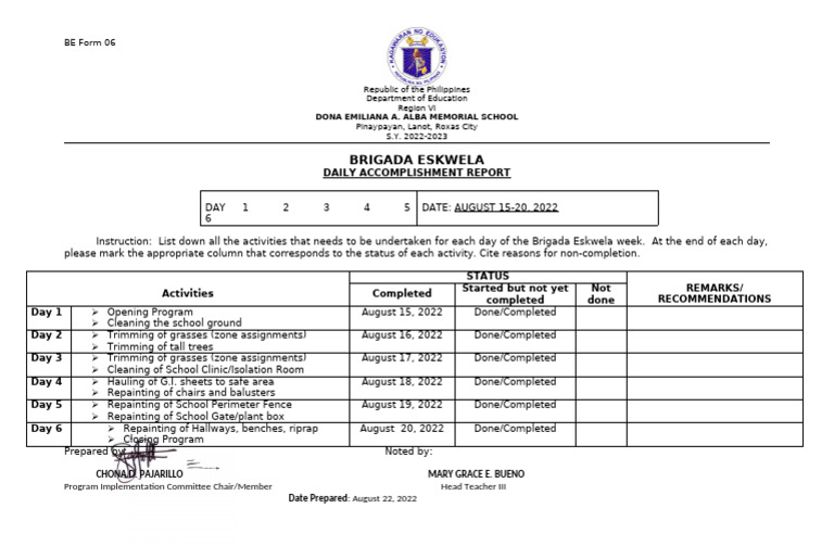 BE Form 6 - DAILY ACCOMPLISHMENT REPORT | PDF