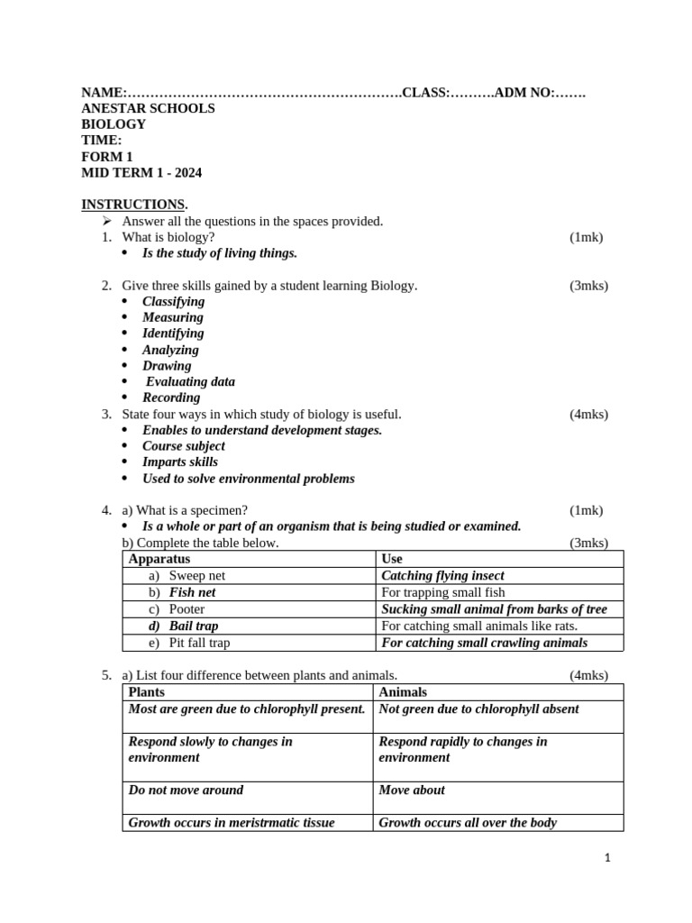 form 1 Biology midterm exam ms | PDF