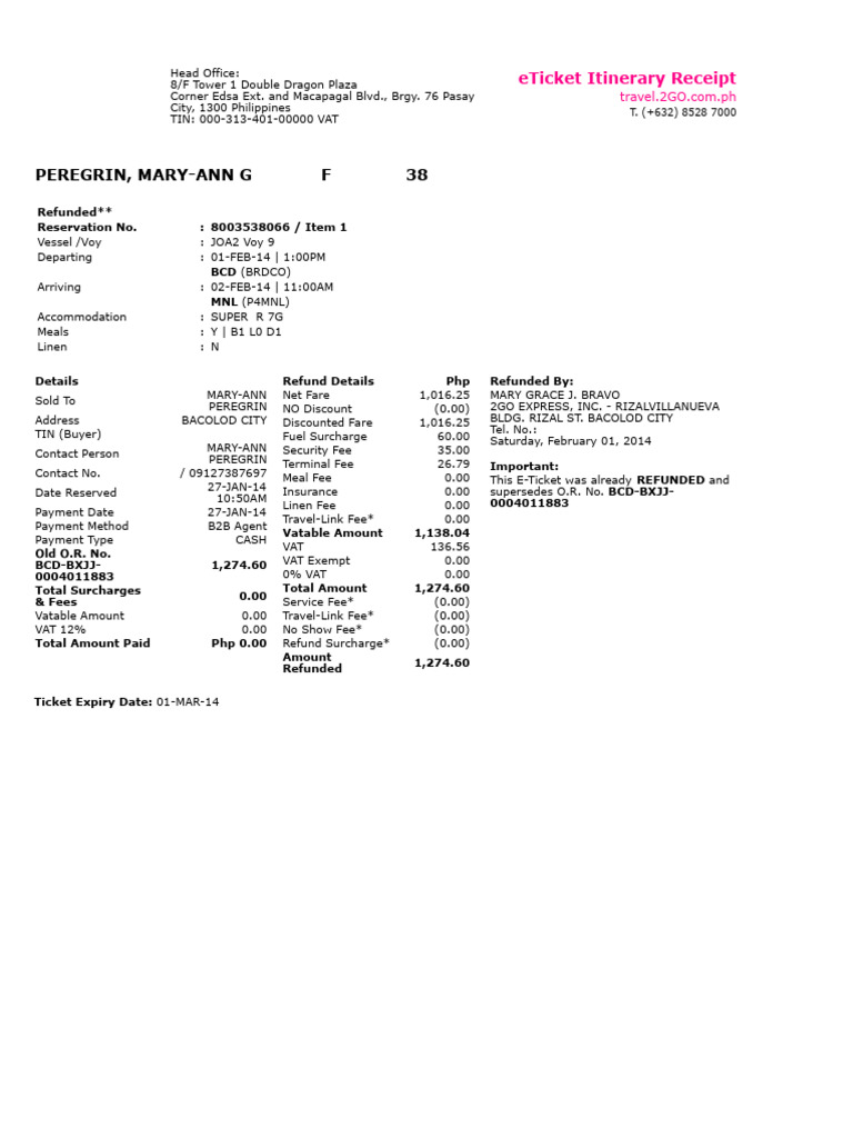 2GO Travel - Itinerary Receipt | PDF | Value Added Tax | Money