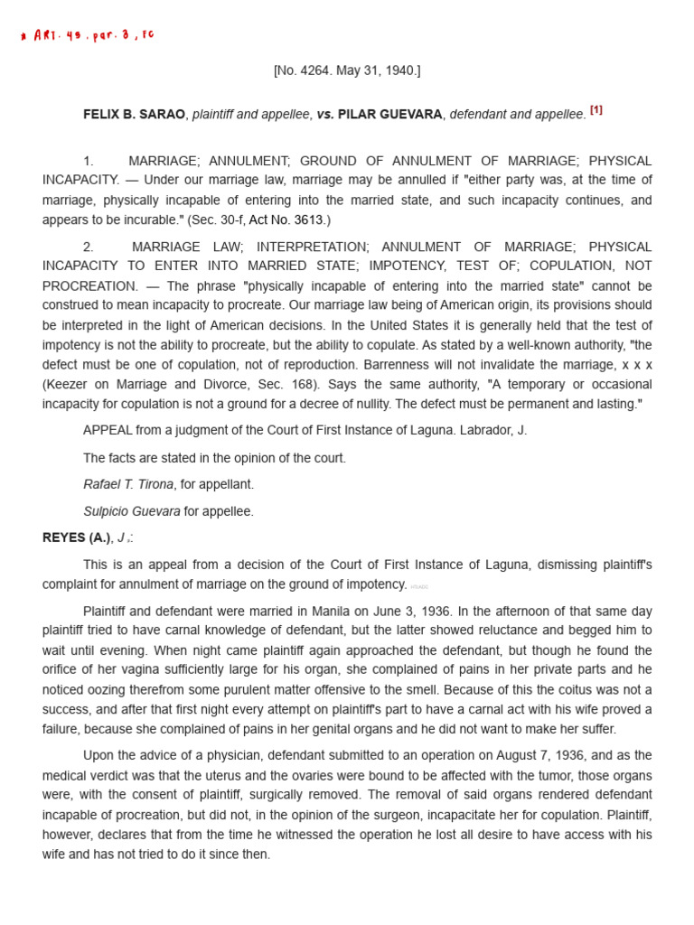 Plaintiff and Appellee Defendant and Appellee: Felix B. Sarao Pilar ...