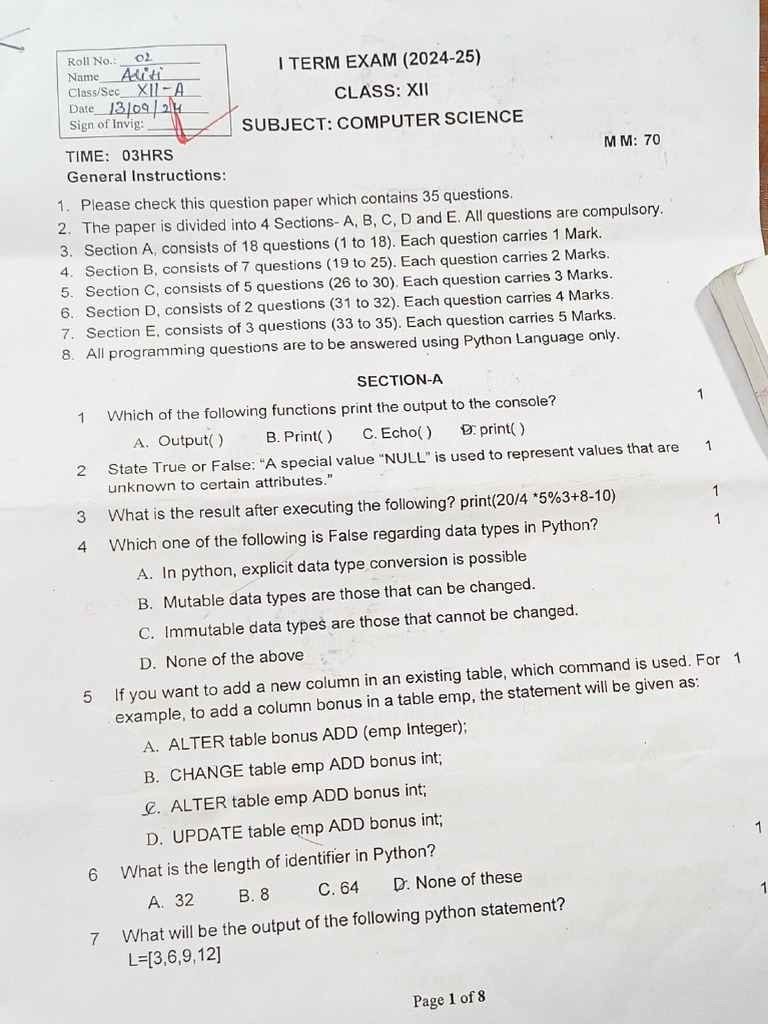 1st Term Test Paper Computer Science (AFS) | PDF