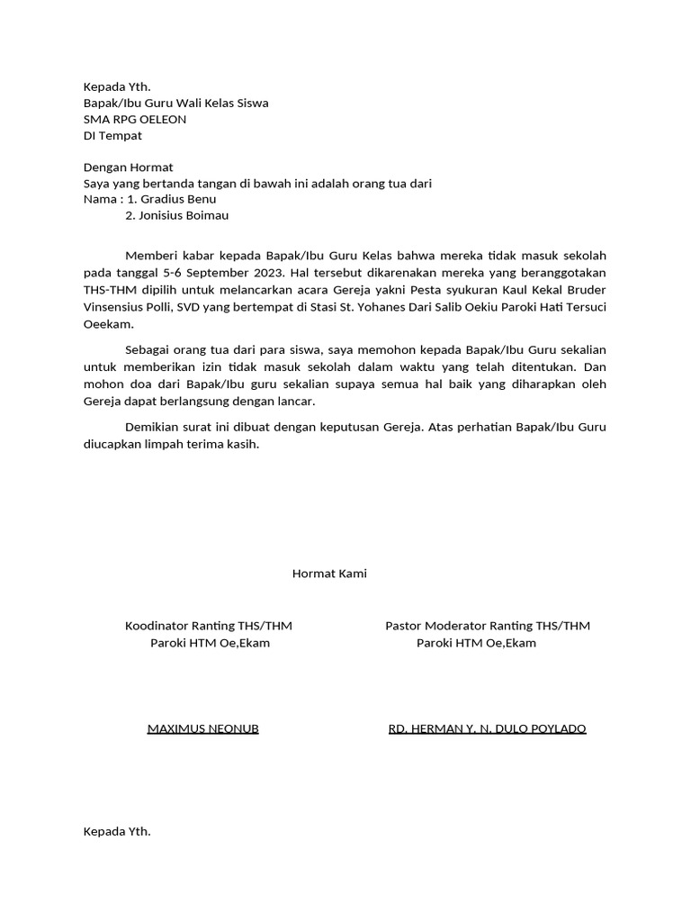 Surat Izin para Siswa Dari THS THM | PDF