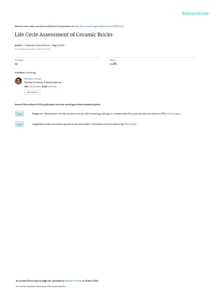 Life Cycle Assessment of Ceramic Bricks: Article | PDF