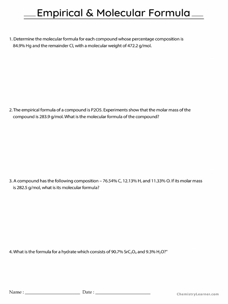 Empirical Formula and Molecular Formula Worksheet | PDF