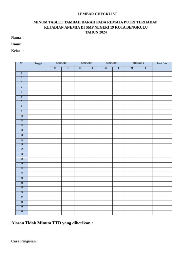 Lembar Ceklist Minum TTD Perhari | PDF
