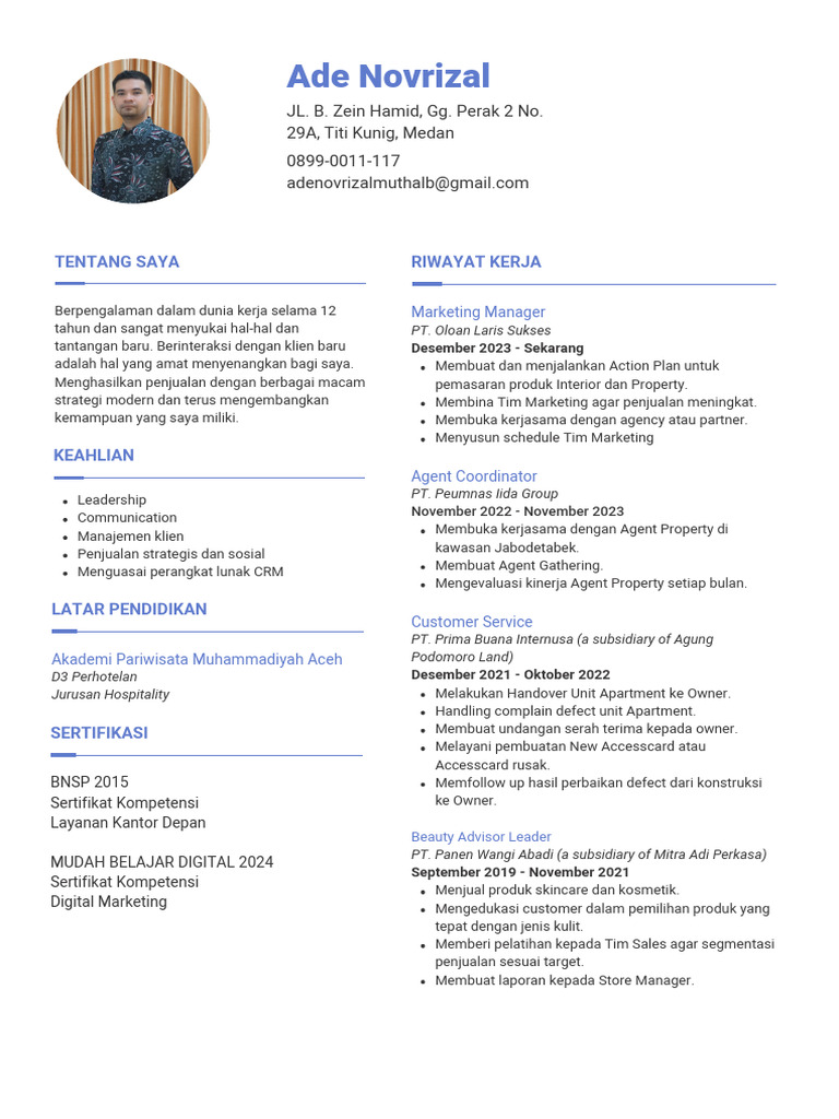 CV Ade Novrizal 2024 Bahasa Indonesia | PDF