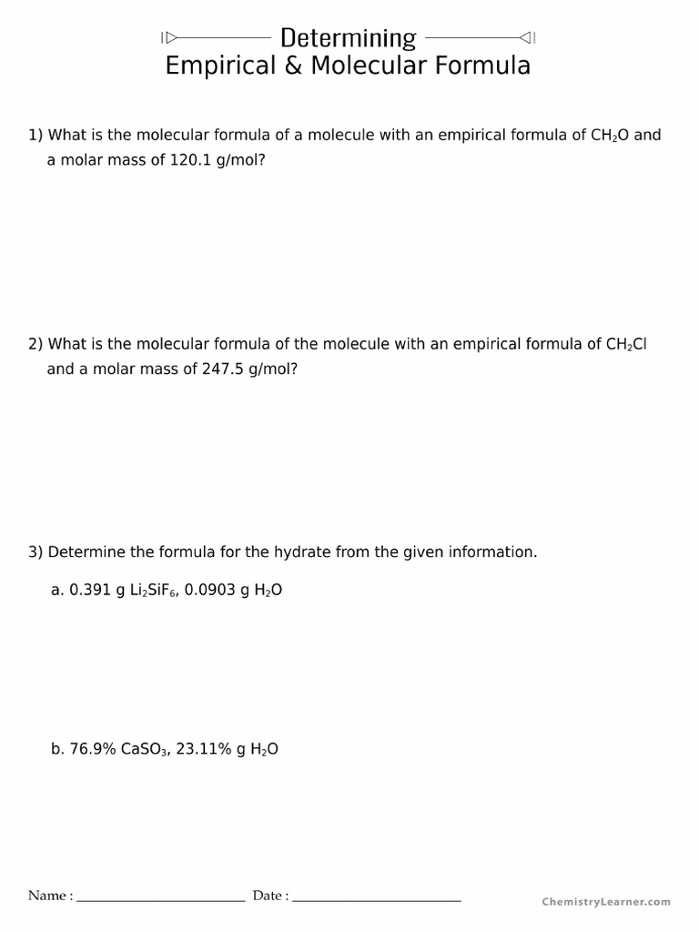 Determining-Empirical-and-Molecular-Formulas-Worksheet-with-Answers | PDF