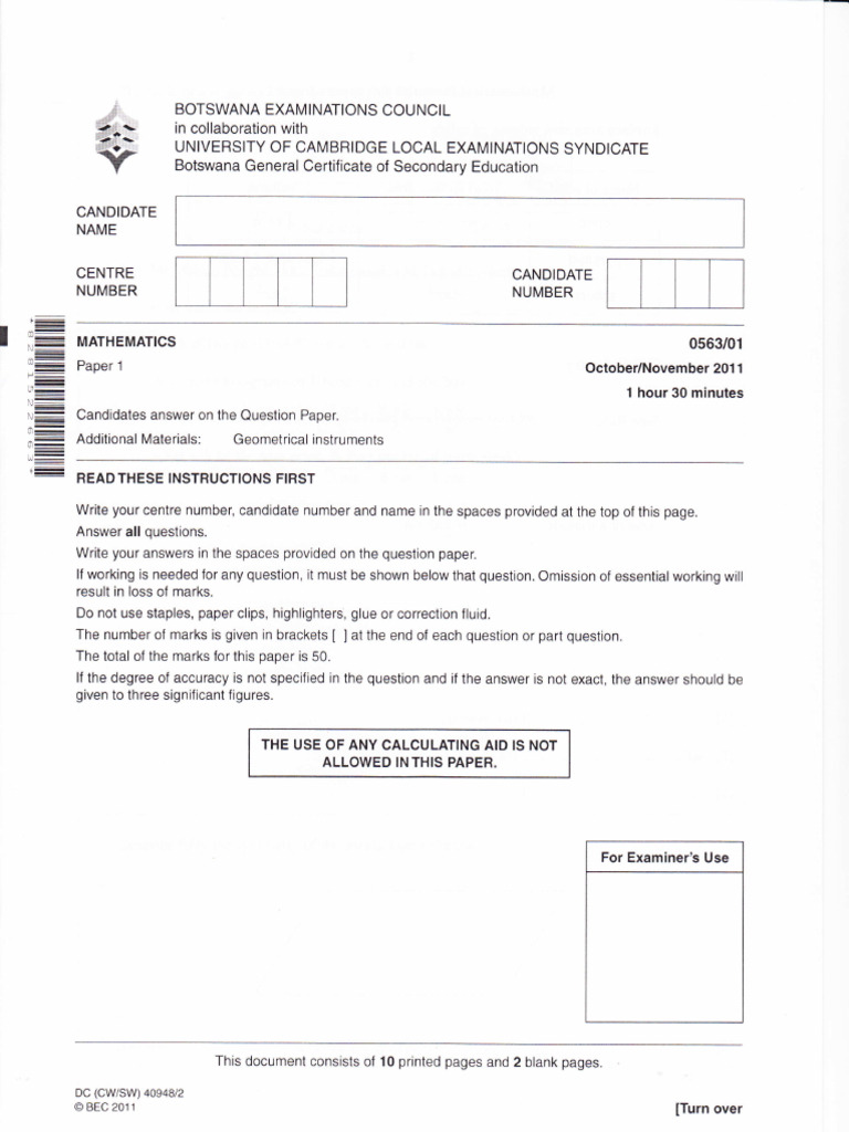 Bgcse Maths Pp1 2011 | PDF