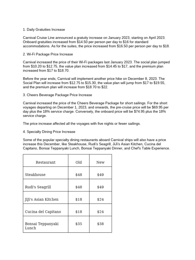 Carnival Price Increase 2023 | PDF