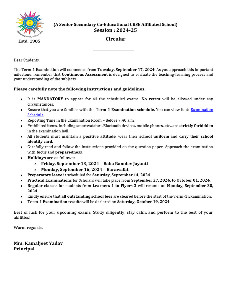 Term-1 Exam Guidelines for Students | PDF