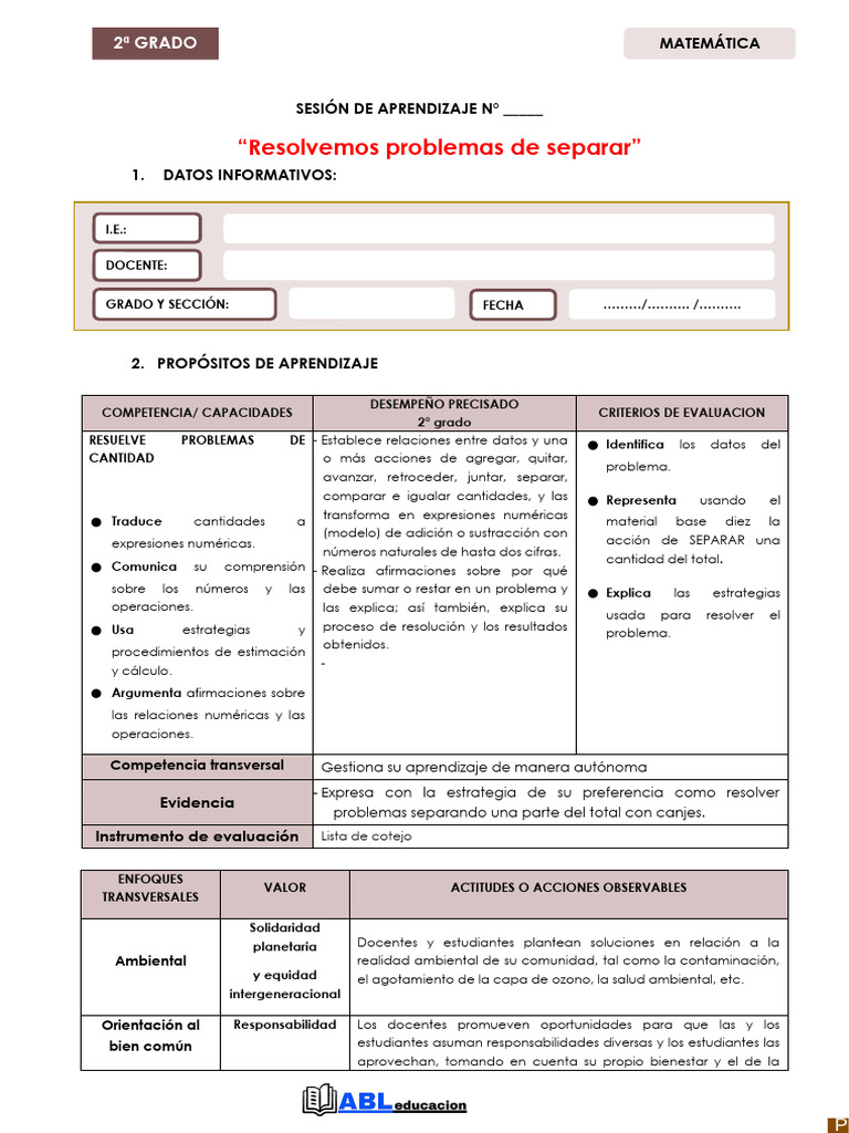 DIA 5 - 2do. MATEMATICA SESION Resolvemos problemas de separar | PDF