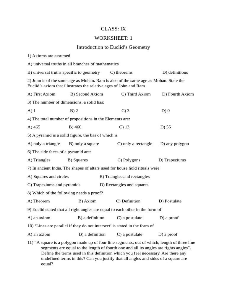 Class 9th Worksheet | PDF
