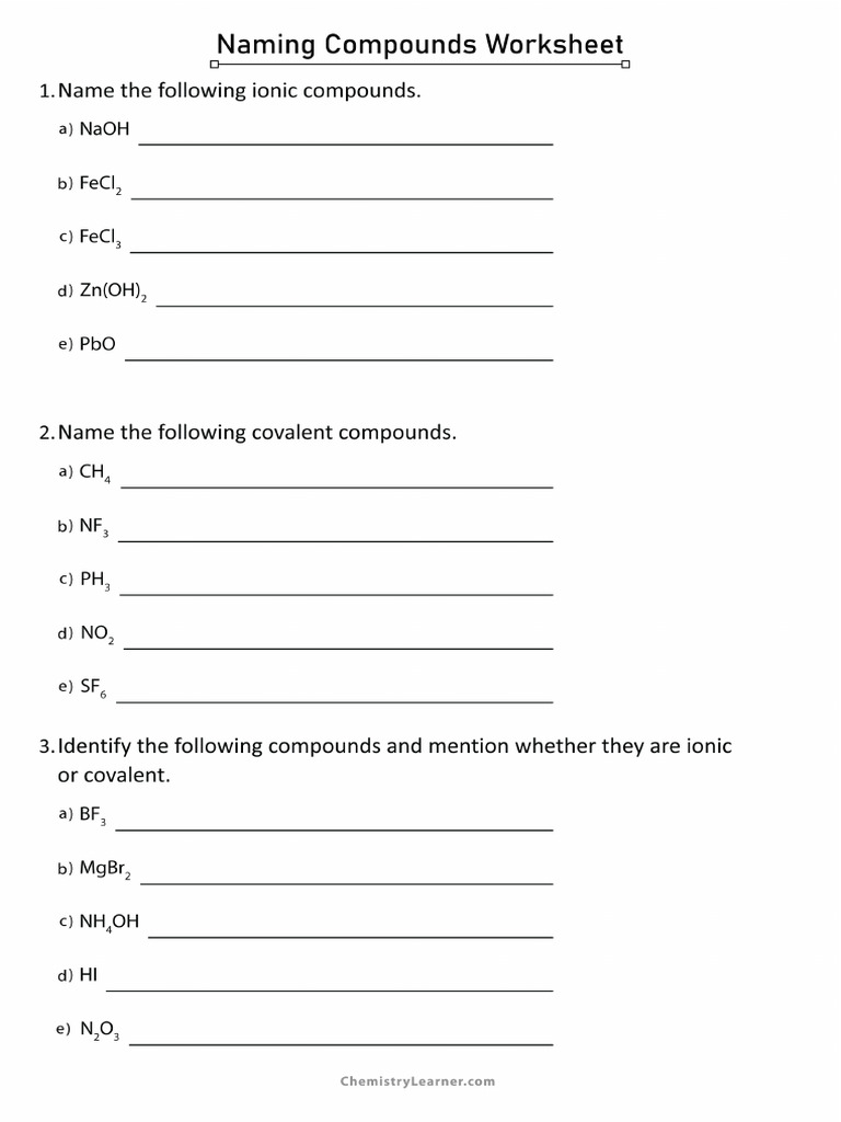 Naming Compounds Worksheet With Answer Key | PDF