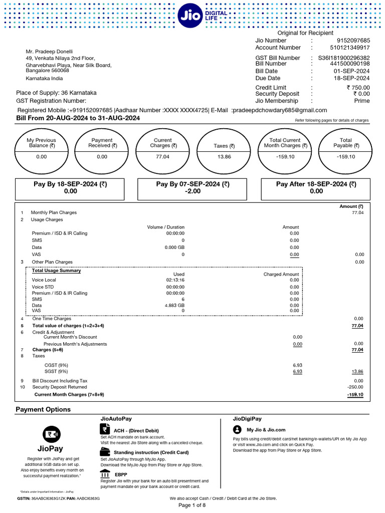 Jio Bill Summary for Subscribers | PDF | Credit Card | Payments